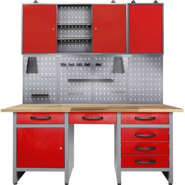 Werkstatt-Set ONDIS24 "Fritz", rot (anthrazit, rot), B:160cm H:205cm T:60cm, Metall, Werkb&auml;nke, Werkbank mit Lochwand & 2 Werkstattschr&auml;nken