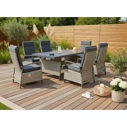 Garten-Essgruppe Konifera "New Monaco", grau, dunkelgrau, beige, verstellbare R&uuml;ckenlehne, Aluminium, Glas, Wicker/Kunststoffgeflecht, Sitzm&ouml;bel-Sets, bestehend aus 1 Tisch, 6 Sesseln und 6 Sitzauflagen