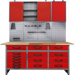 Werkstatt-Set ONDIS24, rot (anthrazit, rot), B:160cm H:205cm T:60cm, Edelstahl, Werkb&auml;nke, 160 cm, mit LED