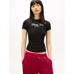 Kurzarmshirt Tommy Jeans "TJW SLIM ESS LOGO 1 RIB TEE EXT", Damen, Gr. XXL (44), schwarz, Single Jersey, Obermaterial: 95% Baumwolle, 5% Elasthan, bedruckt, figurbetont, Rundhals, Shirts, in gerippter Struktur