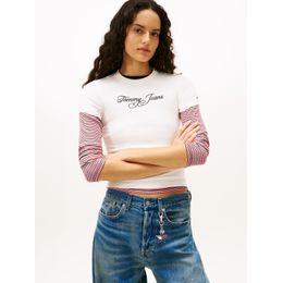 Kurzarmshirt Tommy Jeans "TJW SLIM ESS LOGO 1 RIB TEE EXT", Damen, Gr. XS (34), ecru, Single Jersey, Obermaterial: 95% Baumwolle, 5% Elasthan, bedruckt, figurbetont, Rundhals, Shirts, in gerippter Struktur