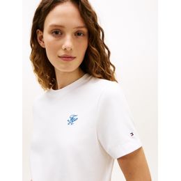 Kurzarmshirt Tommy Hilfiger "TH SCRIPT REG C-NK SS TEE", Damen, Gr. L (42/44), ecru, Single Jersey, Obermaterial: 95% Baumwolle, 5% Elasthan, unifarben, gerade normal, Rundhals, Shirts