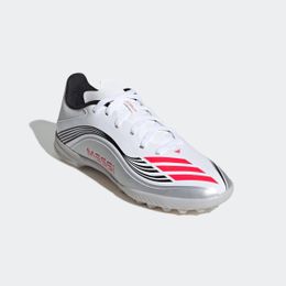 Fu&szlig;ballschuh adidas Performance "F50 MESSI LEAGUE KIDS TF", M&auml;dchen, Gr. 35, silber (cloud wei&szlig;, lucid rot, silber metallic), Synthetik, Schuhe Fu&szlig;ballschuh, f&uuml;r harte Untergr&uuml;nde Asche und Kunstrasen, f&uuml;r Kinder & Jugendliche