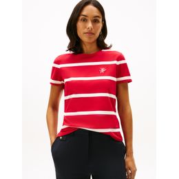 Kurzarmshirt Tommy Hilfiger "TH SCRIPT REG C-NK SS TEE", Damen, Gr. XXXL(46), primary rot, calico stp, Single Jersey, Obermaterial: 95% Baumwolle, 5% Elasthan, gestreift, unifarben, regular fit normal, Rundhals, Shirts, Stretch, Baumwollmischung, regular fit