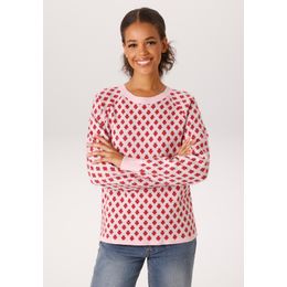 Strickpullover Aniston CASUAL, Damen, Gr. 44, rosa, rot, gr&uuml;n, Strick, Obermaterial: 50% Viskose, 26% Polyamid, 24% Polyester, Jacquardmuster, figurumspielend h&uuml;ftlang, Rundhals, Raglan&auml;rmel Rippstrickb&uuml;ndchen, Pullover Strickpullover, mit eingestrickten, grafischen Erdbeeren - NEUE KOLLEKTION