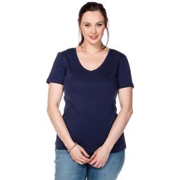 sheego Gro&szlig;e Gr&ouml;&szlig;en T-Shirt mit V-Ausschnitt, Rippqualit&auml;t, marine, Gr&ouml;&szlig;e 56/58 - Damen