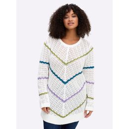 sheego Damen Ajourpullover mit Zopfmuster-Streifen, ecru-gemustert, Gr&ouml;&szlig;e 40/42