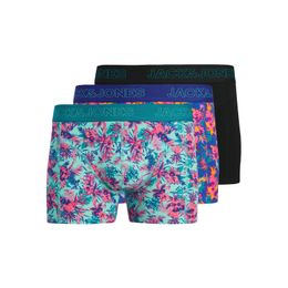 Jack & Jones Trunk JACK & JONES "JACEXOTIC LEAVES TRUNKS 3 PACK SN", Herren, Gr. M, 3 Stk., pool blau pack:schwarz, dazzling blau, Jersey, Obermaterial: 95% Baumwolle, 5% Elasthan, bedruckt, unifarben, figurbetont, Unterhosen