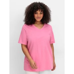 sheego Damen V-Shirt aus leichtem Jersey, blumiges pink, Gr&ouml;&szlig;e 48/50