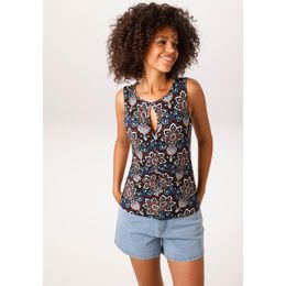 Tanktop Aniston CASUAL, Damen, Gr. 36, schwarz, braun, t&uuml;rkis, wei&szlig;, blau, ocker, Single Jersey, Obermaterial: 95% Viskose, 5% Elasthan, Paisley, bedruckt, gebl&uuml;mt, figurbetont h&uuml;ftlang, Rundhals, Tops Tanktop, mit fantasievollem Paisley-Muster - NEUE KOLLEKTION