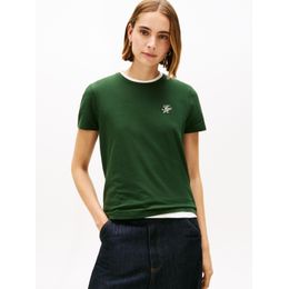 Kurzarmshirt Tommy Hilfiger "TH SCRIPT REG C-NK SS TEE", Damen, Gr. S (36), national forest, Single Jersey, Obermaterial: 95% Baumwolle, 5% Elasthan, unifarben, regular fit normal, Rundhals, Shirts, Stretch, Baumwollmischung, regular fit