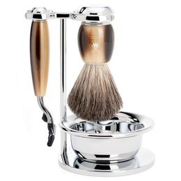 M&uuml;hle VIVO 4-teiliges Rasierset, Reines Dachshaar, mit Gillette Mach3 , Griffmaterial Edelharz hornbraun