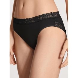 Slip Calida "Natural Comfort Lace", Damen, Gr. L (48/50), schwarz, Single Jersey, Obermaterial: 92% Baumwolle, 8% Elasthan, bestickt, unifarben, normal, Unterhosen Slip, verspielte Spitze, Regular-Cut, elastischer Single Jersey, weich