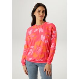 Shirtbluse Aniston SELECTED, Damen, Gr. 44, orange, rot, rosa, Cr&ecirc;pe, Obermaterial: 97% Polyester, 3% Elasthan, bedruckt, gebl&uuml;mt, gemustert, figurumspielend h&uuml;ftbedeckend, Rundhals, B&uuml;ndchen, Blusen, mit gestreiften B&uuml;ndchen und floralem Druck - NEUE KOLLEKTION