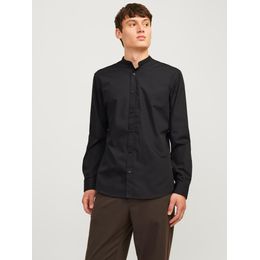 Jack & Jones Langarmhemd JACK & JONES "JJJOE SHIRT LS PLAIN MAO", Herren, Gr. L, N-Gr, schwarz, Web, Obermaterial: 65% Polyester, 35% Baumwolle, unifarben, slim fit h&uuml;ftlang, Hemden