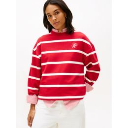 Sweatshirt Tommy Hilfiger "TH SCRIPT MDRN TERRY SWTSHRT", Damen, Gr. XL (42), primary rot, calico stp, Sweatware, Obermaterial: 83% Baumwolle, 13% Polyester, 4% Elasthan, gestreift, regular fit normal, Rundhals, Sweatshirts Sweatshirt