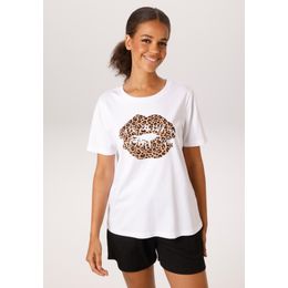 T-Shirt Aniston CASUAL, Damen, Gr. 36/38, wei&szlig;, hellbraun, schwarz, braun, Single Jersey, Obermaterial: 100% Baumwolle, bedruckt, l&auml;ssig geschnitten h&uuml;ftbedeckend, Rundhals, Shirts T-Shirt, mit extravaganten Lippen im Animal-Print - NEUE KOLLEKTION