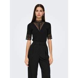 Spitzenshirt Only "ONLTILDE HIGHNECK S/S TOP JRS NOOS", Damen, Gr. XS, schwarz, Jersey, Obermaterial: 95% Viskose, 5% Elasthan, unifarben, slim fit normal, hoch geschlossener Ausschnitt, Shirts