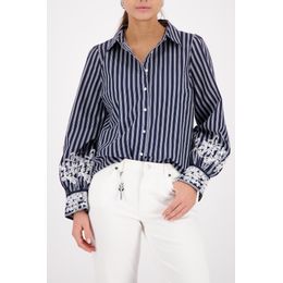 Langarmbluse monari, Damen, Gr. 42, marine gestreift, Web, Obermaterial: 100% Baumwolle, gestreift, regular fit normal, Rundhals, Manschette mit Schlitz, Blusen, Hemdblusenkragen, Regular Fit, mit Spitzenbesatz