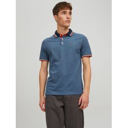 Jack & Jones Poloshirt JACK & JONES "JJEPAULOS Poloshirt mit klassischem Kragen und figurbetonter Form", Herren, Gr. L, blau (blau, denim), Piqu&eacute;, Obermaterial: 100% Baumwolle, unifarben mit Farbeinsatz, schmal, Shirts, Logostickerei, modisch, schmal, Baumwolle, Polokragen
