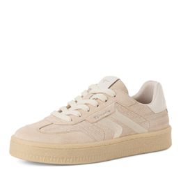 Plateausneaker Tamaris, Damen, Gr. 38, beige, wei&szlig;, Glattleder, Veloursleder, Fischgratmuster, unifarben mit Farbeinsatz, Basic, Schuhe Plateausneaker, Freizeitschuh, Halbschuh, Schn&uuml;rschuh im Retro-Look