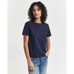 T-Shirt Gant "REG TONAL SHIELD SS T-SHIRT", Damen, Gr. S, blau (evening blau), Single Jersey, Obermaterial: 100% Baumwolle, regular fit, Rundhals, Shirts T-Shirt, Rundhals, Ton in Ton Stickerei