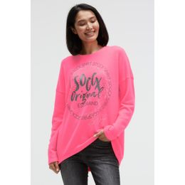 Rundhalspullover SOCCX, Damen, Gr. XS/S, neon pink, Strick, Material: 71% Polyester, 26% Viskose, 3% Elasthan, bedruckt, relaxed fit normal, Rundhals, Fledermaus&auml;rmel gerader Abschluss, Pullover Rundhalspullover, mit &uuml;berschnittenen Schultern