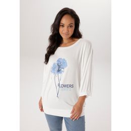 Fledermausshirt ANISTON PLUS, Damen, Gr. 46, wei&szlig;, blau, Single Jersey, Obermaterial: 95% Viskose, 5% Elasthan, bedruckt, gebl&uuml;mt, figurumspielend Po-bedeckend, Rundhals, Fledermaus&auml;rmel, Shirts Fledermausshirt