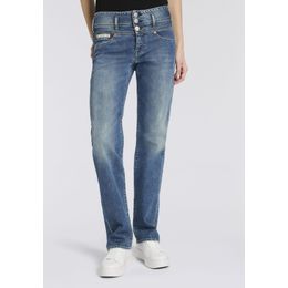 High-waist-Jeans Herrlicher "Raya New Straight Denim", Damen, Gr. 27, L&auml;nge 32, casper, Denim/Jeans, Obermaterial: 98% Baumwolle, 2% Elasthan, gerade lang, Jeans High-Waist-Jeans, im Straight Fit, 3-Knopf-Verschluss