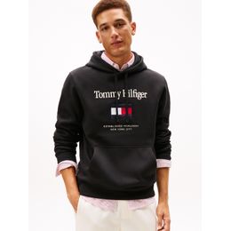 Hoodie Tommy Hilfiger "TOMMY EMBRO FLAG", Herren, Gr. S, schwarz, Sweatware, Obermaterial: 64% Baumwolle, 36% Polyester, regular fit, Rippb&uuml;ndchen, Sweatshirts Hoodie, normale Passform, Stickerei