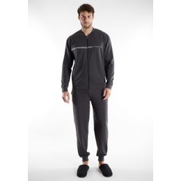 Loungeanzug Bugatti "Bologna", Herren, Gr. 52, grau (grau, dunkel, melange), Obermaterial: 51% Polyester, 46% Baumwolle, 3% Elasthan, bequem lang, Rundhals, Homewear-Sets, Rei&szlig;verschluss, mit Logo, Rundhalsausschnitt, Langarm, lange Hose