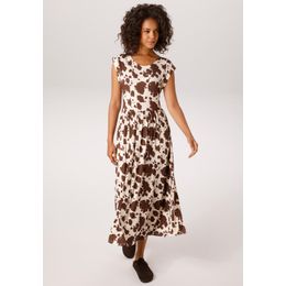 Sommerkleid Aniston CASUAL, Damen, Gr. 44, N-Gr, wollwei&szlig;, braun, Single Jersey, Obermaterial: 95% Viskose, 5% Elasthan, animal-print, bedruckt, figurumspielend wadenlang, Rundhals, Kleider Sommerkleid, mit topaktuellen Kuh-Flecken - jedes Teil ein Unikat - NEUE KOLLEKTION