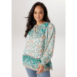 Schlupfbluse ANISTON PLUS, Damen, Gr. 54, t&uuml;rkis, braun, wei&szlig;, schwarz, Web, Obermaterial: 100% Viskose, bedruckt, gebl&uuml;mt, gemustert, figurumspielend Po-bedeckend, Rundhals, Raglan&auml;rmel Volant mit Gummizug, Blusen Schlupfbluse, in Blumendessin - NEUE KOLLEKTION