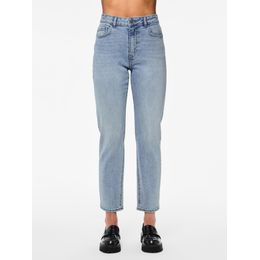 High-waist-Jeans Pieces "PCBELLA HW TAP ANK JEANS LB302 NOOS", Damen, Gr. 26, L&auml;nge 32, blau (light blau denim), Denim/Jeans, Obermaterial: 99% Baumwolle, 1% Elasthan, unifarben, kn&ouml;chelfrei, Jeans High-Waist-Jeans