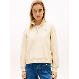 Sweatshirt Tommy Hilfiger "TH SCRIPT REG HALF-ZIP", Damen, Gr. L (42/44), country ivory, Sweatware, Obermaterial: 83% Baumwolle, 13% Polyester, 4% Elasthan, unifarben, regular fit, Sweatshirts Sweatshirt, mit Logo-Stickerei