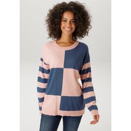 Strickpullover Aniston CASUAL, Damen, Gr. 42, gr&uuml;n (altrosa, jeansblau, meliert), Feinstrick, Obermaterial: 50% Viskose, 28% Polyester, 22% Polyamid, gemustert, geringelt, meliert, figurumspielend h&uuml;ftbedeckend, Rundhals, Rippstrickb&uuml;ndchen, Pullover Strickpullover, mit gro&szlig;fl&auml;chigem Patchmuster und geringelten &Auml;rmeln - NEUE KOLLEKTION