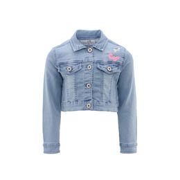 Jeansjacke happy girls, M&auml;dchen, Gr. 122, blau (jeans blau), Denim/Jeans, Obermaterial: 95% Baumwolle, 5% Elasthan, bestickt, regular fit taillenlang, 1-Knopf-Manschette mit Schlitz, Jacken Jeansjacke, mit tollen Schmetterlings-Stickereien