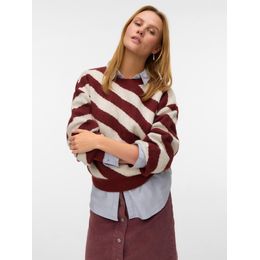 V&eacute;ro Moda Rundhalspullover VERO MODA "VMLARA LS O-NECK PULLOVER GA BOO REP", Damen, Gr. L, syrah stripes:with birch, Strick, Obermaterial: 58% Polyester, 38% Polyacryl, 4% Elasthan, gestreift, regular fit normal, Rundhals, Rippstrickb&uuml;ndchen, Pullover Rundhalspullover