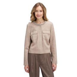 Jackenblazer Betty Barclay "Damen mit aufgesetzten Taschen", Damen, Gr. 46, grau (taupe), Samt, Obermaterial: 95% Polyester, 5% Elasthan, gerade normal, Rundhals, Blazer