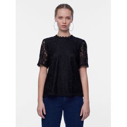 Spitzenshirt Pieces "PCOLLINE SS LACE TOP WVN NOOS", Damen, Gr. XS, schwarz, Web, Obermaterial: 90% Nylon, 10% Elasthan, unifarben, regular fit normal, hoch geschlossener Ausschnitt, Shirts