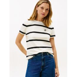 Kurzarmshirt Tommy Hilfiger "TH SCRIPT REG C-NK SS TEE", Damen, Gr. S (36), calico, schwarz stp, Single Jersey, Obermaterial: 95% Baumwolle, 5% Elasthan, gestreift, unifarben, regular fit normal, Rundhals, Shirts, Stretch, Baumwollmischung, regular fit