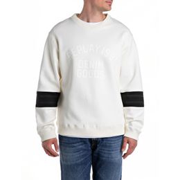 Sweatshirt Replay, Herren, Gr. XL, beige (butter), Sweatware, Obermaterial: 76% Baumwolle, 18% Polyester, 6% Elasthan, kontrastfarbene Details, regular fit, Rundhals, angesetztes B&uuml;ndchen, Sweatshirts Sweatshirt, mit Ton-in-Ton Schriftzug vorn