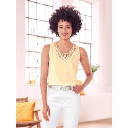 Spitzentop Heine, Damen, Gr. 38, gelb (zitrone), 100% Baumwolle, Spitze:100% Baumwolle, unifarben, Rundhals, Tops Spitzentop