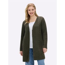 sheego Gro&szlig;e Gr&ouml;&szlig;en Cardigan mit Zopfmuster, khaki-ecru-meliert, Gr&ouml;&szlig;e 56/58 - Damen