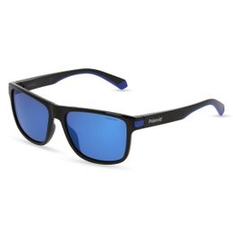 Polaroid PLD 2123/S | Herren-Sonnenbrille | Fassung: Vollrand, Quadratisch, Kunststoff, Schwarz Gl&auml;nzend | Glasfarbe: Grau Spiegel Blau
