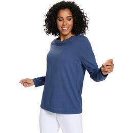 Damen Langarm-Pullover mit Zopfmuster am Ausschnitt jeansblau, Gr&ouml;&szlig;e 44