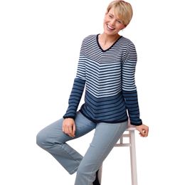 Damen Langarm-Pullover mit Ringel-Muster, Jacquard jeansblau-marine-geringelt, Gr&ouml;&szlig;e 56