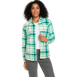 Damen Fleecejacke mit l&auml;ngerem Saum im R&uuml;ckteil blaugr&uuml;n-champagner-kariert, Gr&ouml;&szlig;e 48