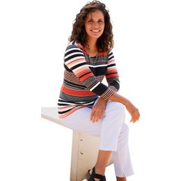 Damen Ringelshirt mit Rundhals-Ausschnitt erdbeere-schwarz-geringelt, Gr&ouml;&szlig;e 48