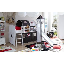 Ticaa Hochbett mit Rutsche Rutschbett mit Turm "Ekki" Country Kiefer Wei&szlig; Motiv
